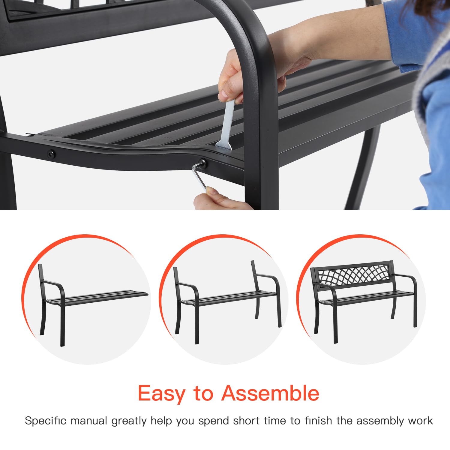BestMassage Outdoor Garden Bench,Iron Steel Frame Patio Bench with Mesh Pattern and Plastic Backrest Armrests for Porch,Lawn,Garden,Park,Yard,Black