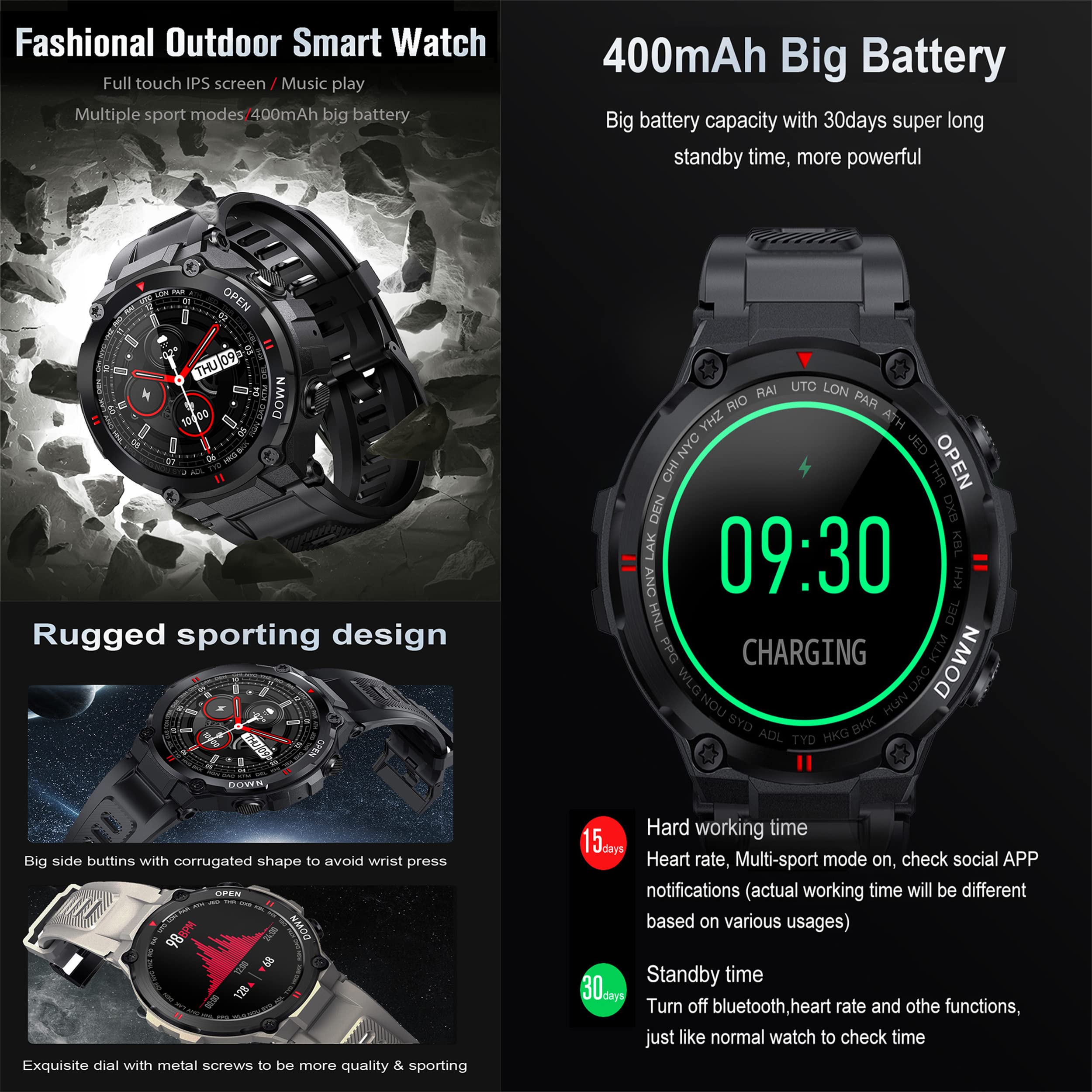 HOUJIN Smart Watch for Men Outdoor Waterproof Tactical Smartwatch Bluetooth Dail Calls Speaker 1.3 inch HD Touch Screen Fitness Tracker Watch for Android and iOS, Black