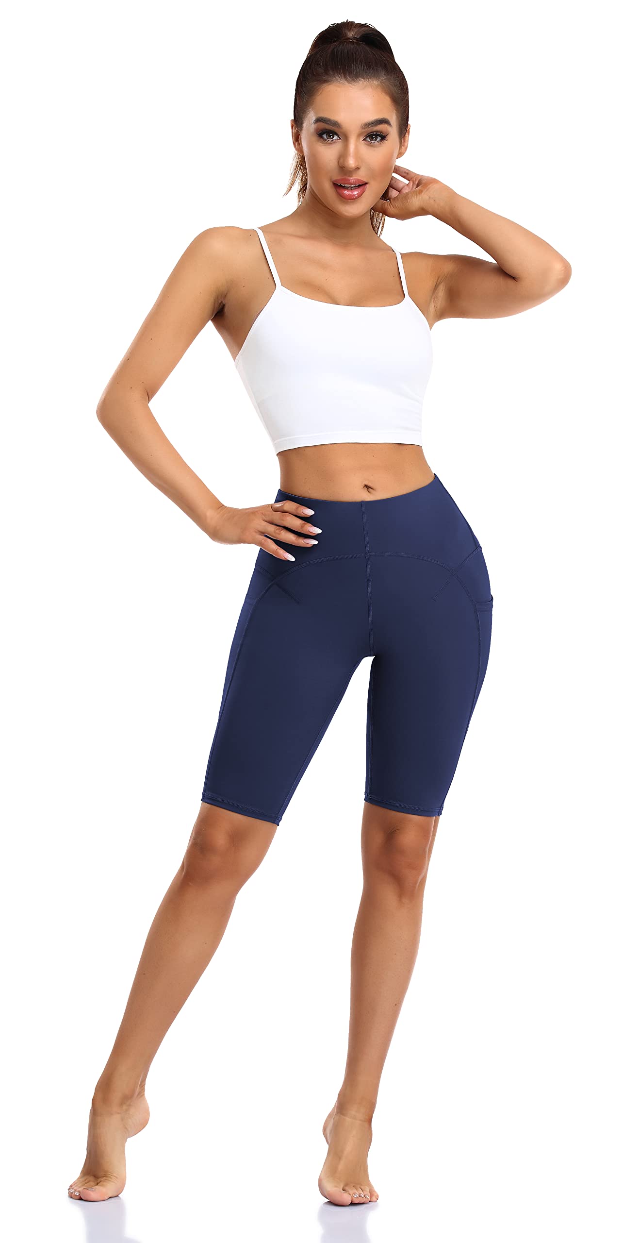 ATTRACO Biker Shorts with Pockets for Women High Waisted Tummy Control Workout Tights Shorts Blue