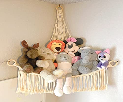 Stuffed Animal Hammock Macrame - Toy Hammock for Stuffed Animals - Stuff Animal Organizer Corner Storage Hanging Fringe - Stuffed Animal Display Holder Net Tassels for Nursery Décor