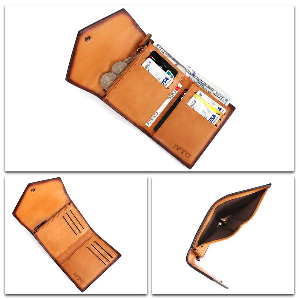 IVTG Genuine Leather Trifold Wallets for Women Vintage Handmade Small Purse Money Clip Card Case (Brown)