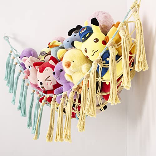Stuffed Animal Net or Hammock Hanging- Macrame Toy Hammock Stuff Animals Storage Large Corner Plush Toys Net Holder for Boho Nursery, Playroom, Kids Bedroom Organizer