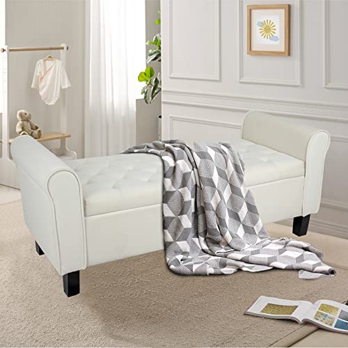 Babion Storage Bench End of Bed, Velvet Ottoman Bench with Storage and Arms, Upholstered Fabric Storage Ottoman Bench with Button Tufted, Storage Bench for Bedroom Living Room(White)