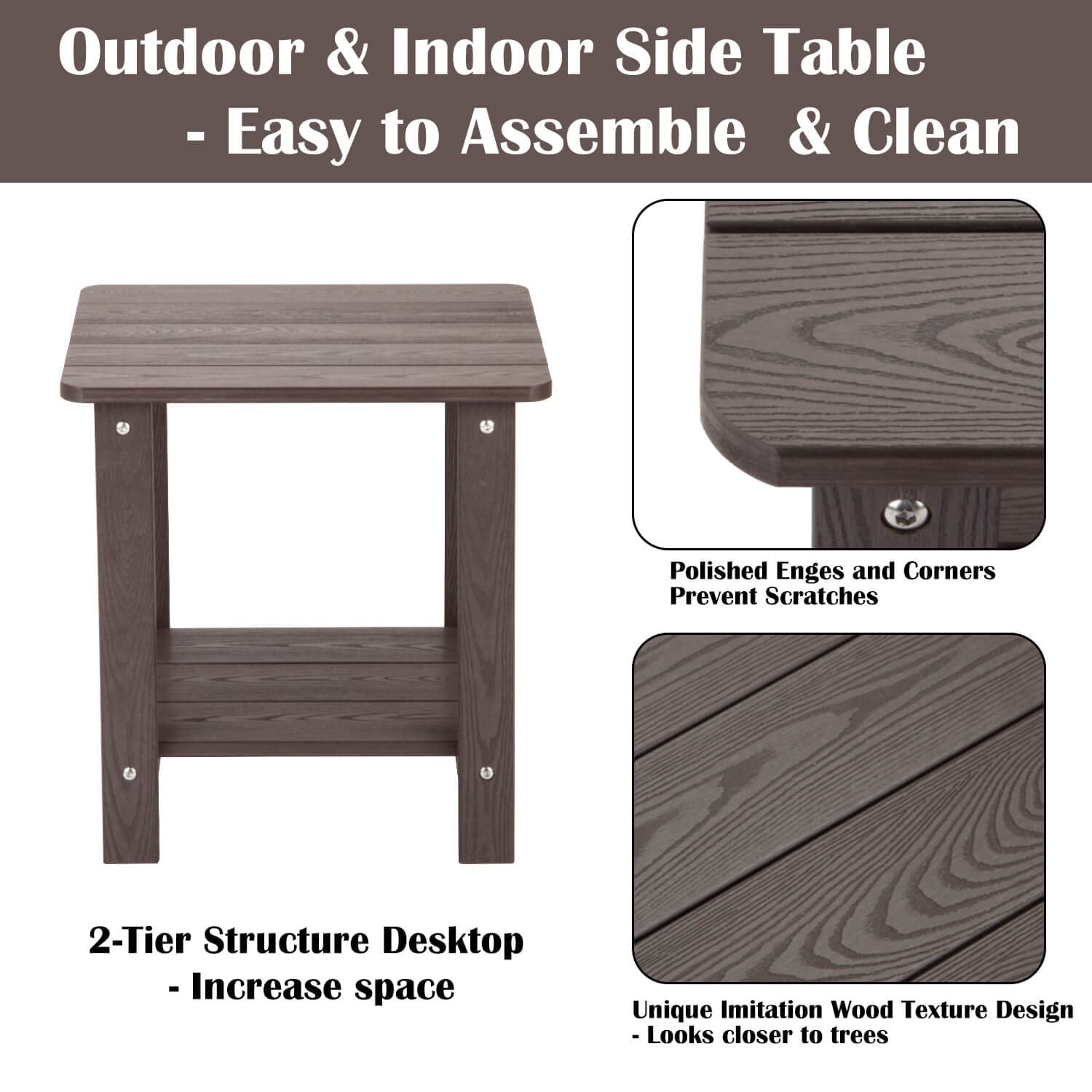 hOmeHua Weather Resistant Side Table, 17 inch Square 2-Layer Structure Wide Desktop, Imitation Wood Stripes, Easy to Assemble & Maintain, Suitable for All Indoor & Outdoor Places- Dark Brown