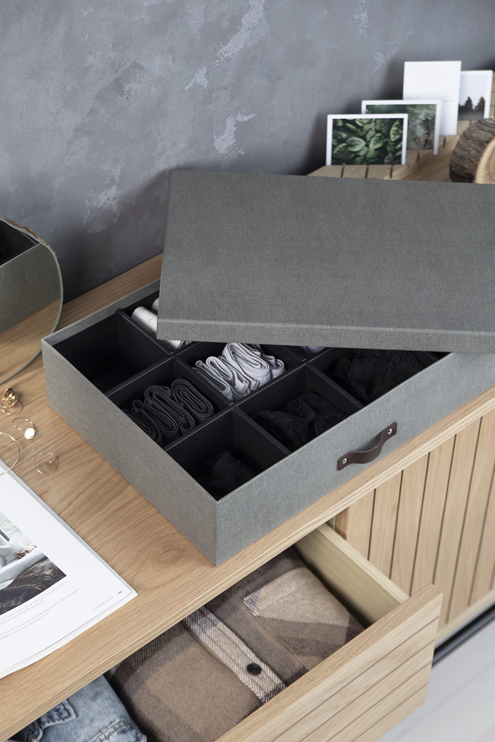 Bigso Box of Sweden Small Storage Box with 12 Compartments and Leather Handle - Fabric Storage Organiser for Shelves or Drawers - Drawer Organiser for Underwear, Socks, Jewellery, etc. - Grey