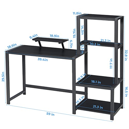 GreenForest Computer Desk 59 inch with Storage Printer Shelf Reversible Home Office Desk with Movable Monitor Stand and 2 Headphone Hooks for Study Writing PC Gaming Working, Black
