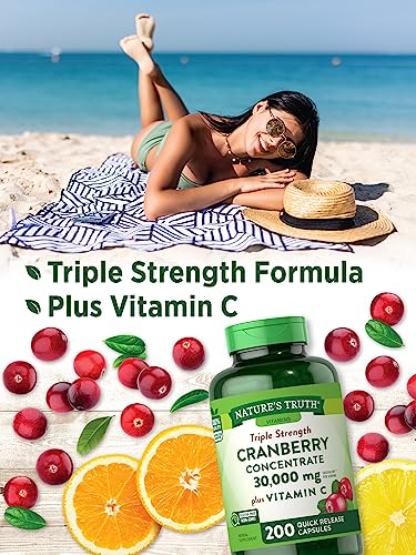 Cranberry Concentrate Plus Vitamin C | 30,000mg | 200 Quick Release Capsules | Non-GMO & Gluten Free Supplement | by Nature's Truth
