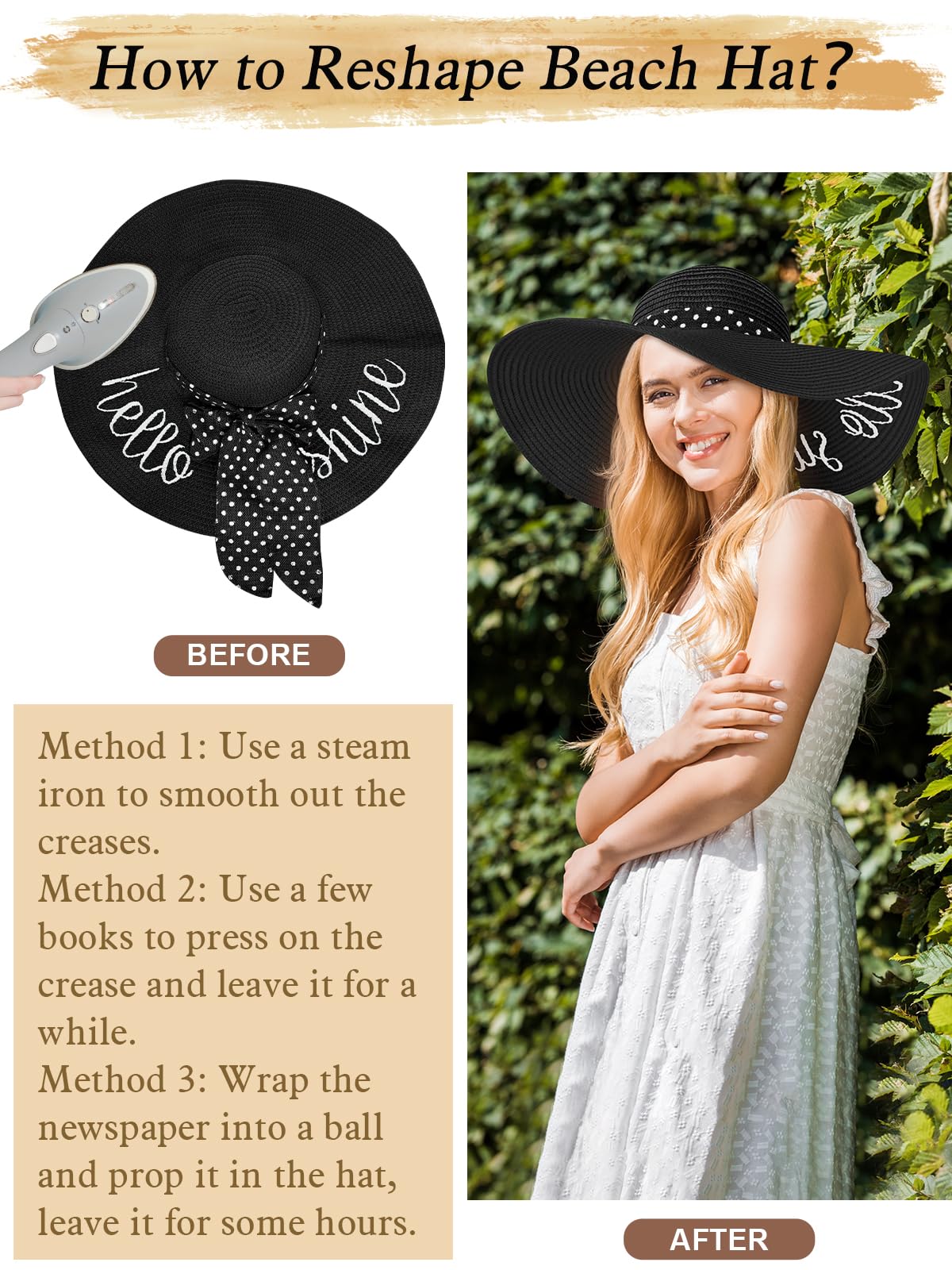 Beach Hats for Women - Foldable Straw Hat Embroidered Wide Brim Floppy Sun Hat UPF 50+, Honeymoon, Travel, Cruise,C1-Black