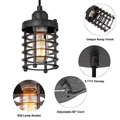 LNC Rustic Pendant Lighting for Kitchen Island, Retro Vintage Pendant Light Fixture with Metal Cage Shade, Mini Hanging Pendant Lights Adjustable for Kitchen Sink, Dining Room, Bedroom, Foyer, 3.9”D
