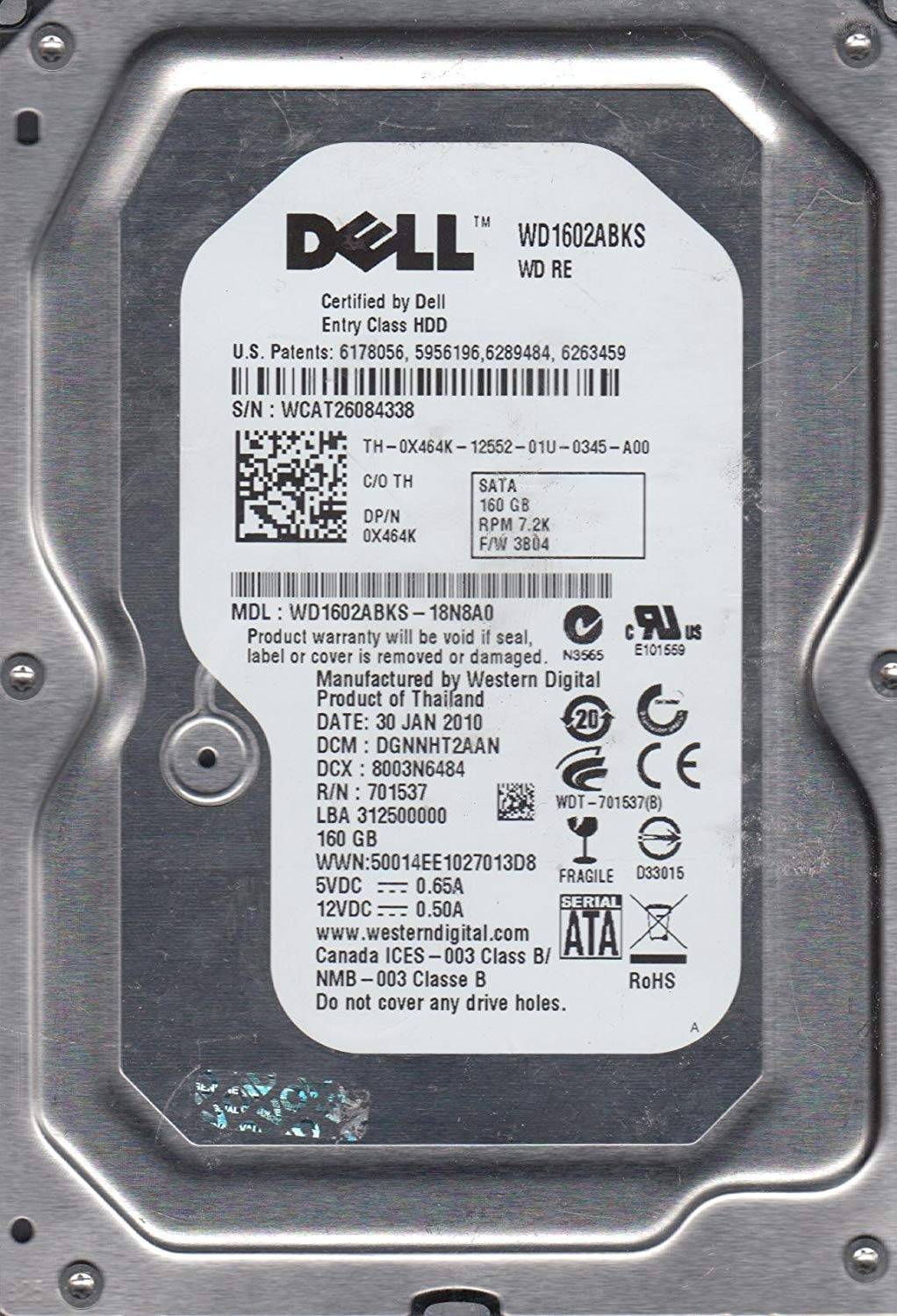 WD1602ABKS-18N8A0, DCM DGNNHT2AAN, Western Digital 160GB SATA 3.5 Hard Drive
