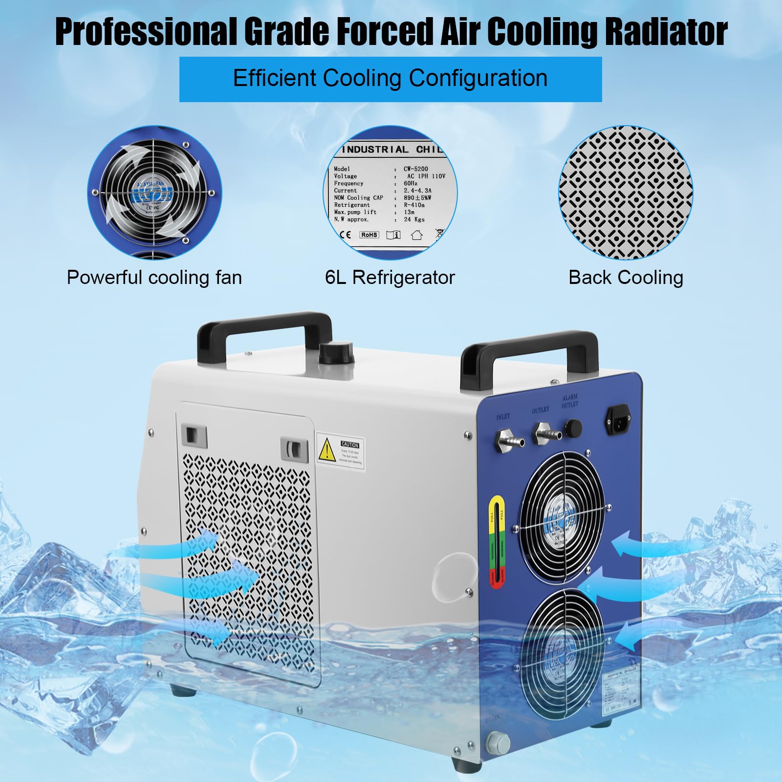 CuisinAid Industrial Water Chiller CW5200, 6L Capacity 0.9hp 2.6gpm Water Cooling System for 60W 70W 80W 90W 100W 120W 130W 150W CO2 Laser Engraving & Cutting Machines, Cools 5200 BTU/Hour
