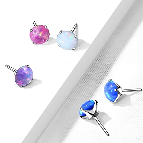 BODY DAZZ Prong Set Synthetic Opal Push in Titanium Top, Use with Threadless Post for Labret, Nose Rings, Cartilage Earring, Lip Piercing (Blue 4mm Gem)