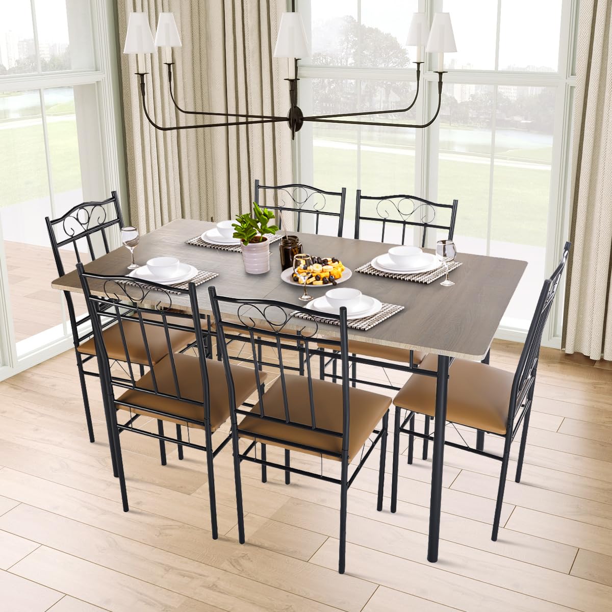 Dining Table Set for 6, Kitchen Table and Chairs for 4-6 People, 7 Piece Kitchen Table Sets, Rectangular Dining Room Table Set with 6 PU Leather Chairs, Beech/Brown