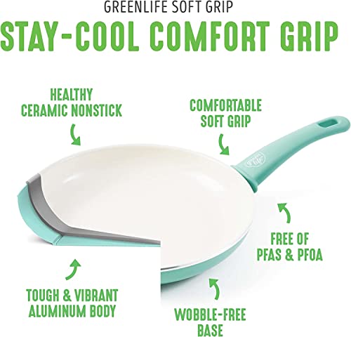 GreenLife Soft Grip Healthy Ceramic Nonstick, 8" Frying Pan Skillet, PFAS-Free, Dishwasher Safe, Turquoise