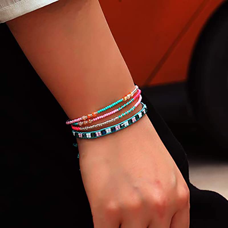 KIYSI 5 Pcs Boho Bohemian Beaded Anklet Bracelets Handmade Beaded Bracelets Unique Colorful Beach Anklet(Lake Blue)