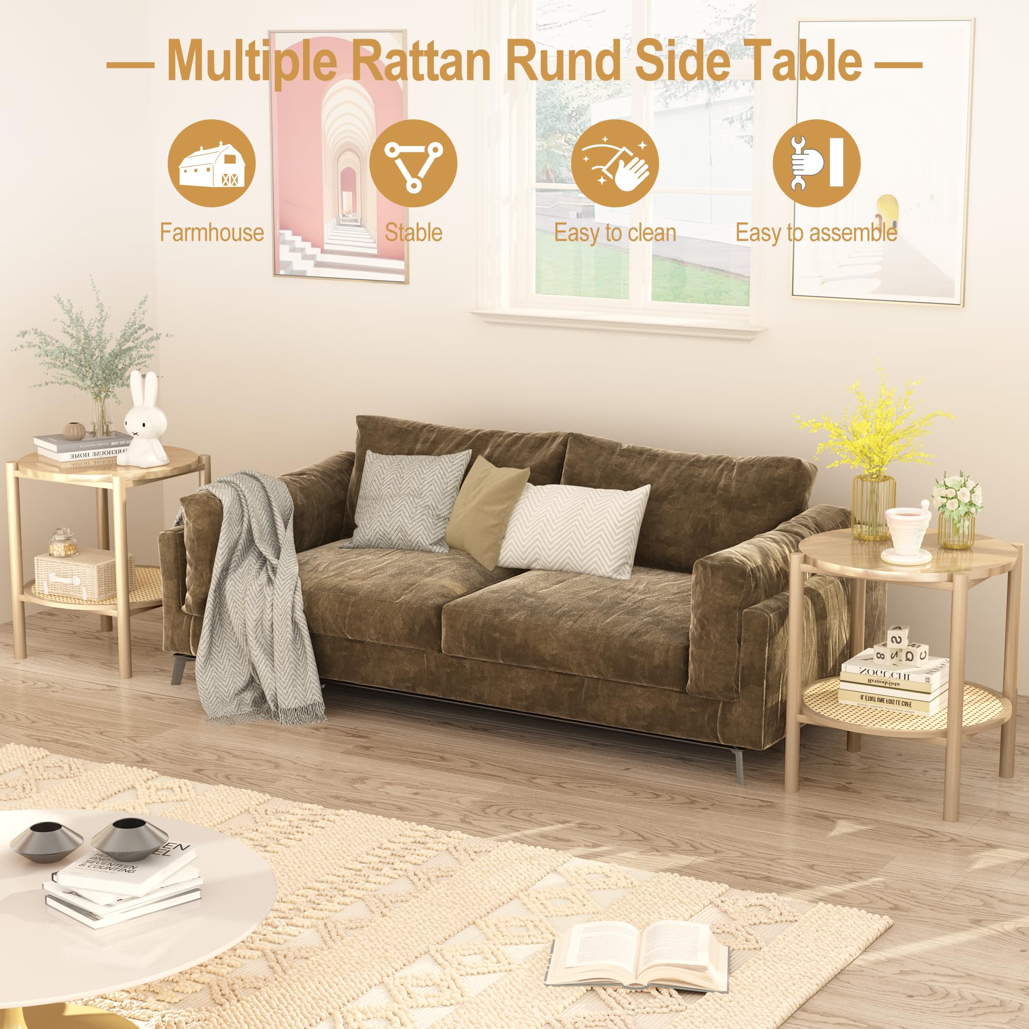 AWQM 2-Tier Round Side Table, Rattan End Table Nightstand with Solid Wood Feet,Boho Bedside Tables Accent Small Coffee Table for Bedroom, Living Room,Natural,1pcs
