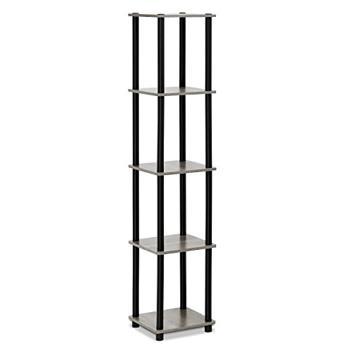 Furinno Turn-N-Tube 5-Tier Corner Square Rack Display Shelf, Round, French Oak Grey/Black & Just 3-Tier End Table, 1-Pack, French Oak Grey/Black