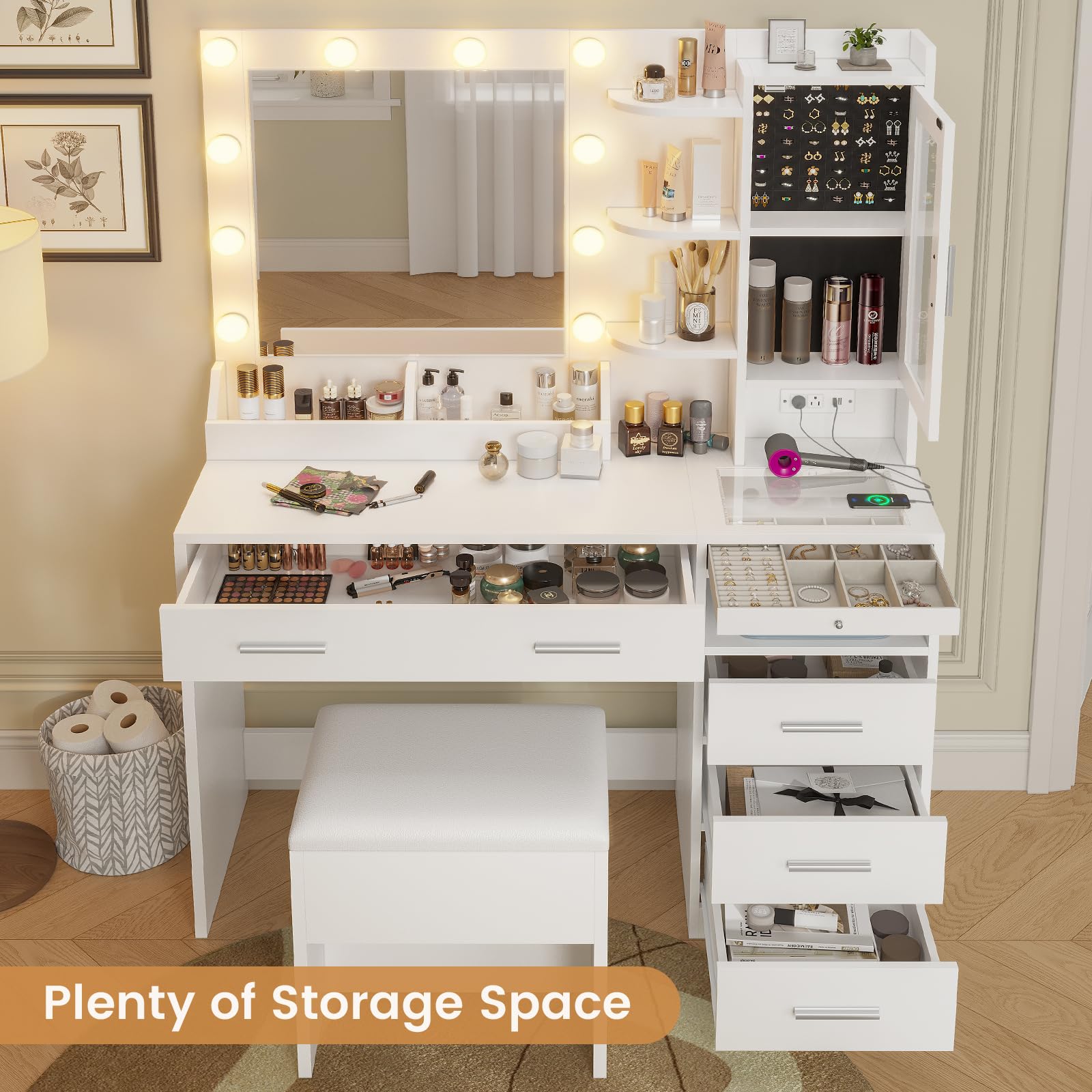 BTHFST Makeup Vanity with Upholstered Stool & Jewelry Storage, Vanity Desk with Mirror and Lights & Charging Station, Makeup Desk with Drawers & Shelves & Glass Top, White