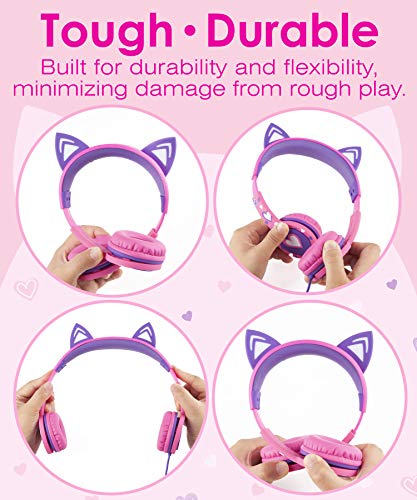 FosPower Kids Headphones with LED Cat Ears, 3.5mm On-Ear Wired Headset with Laced Cables for iPad/Smartphones/PC/Kindle/Tablet/Laptop/School (Max Volume 85dB)