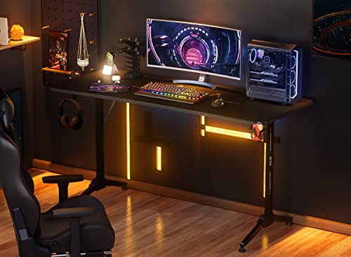 Furmax Gaming Desk T-Shaped Pc Computer Table with Carbon Fiber Surface Free Mouse Pad Home Office Desk Gamer Table Pro with Game Handle Rack Headphone Hook and Cup Holder (Black, 55 Inch)