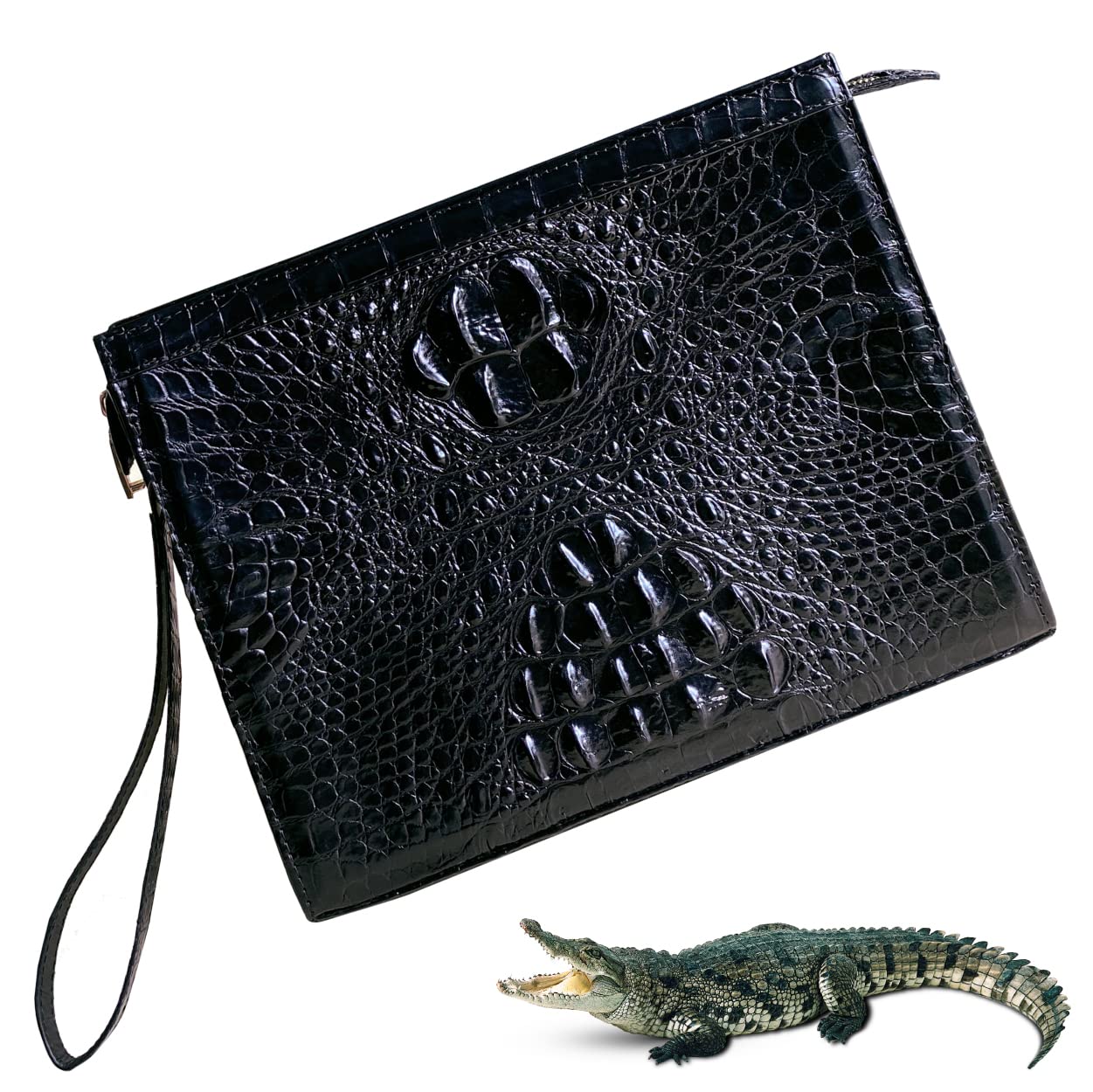 Black Mens Big Clutch Bag Business Alligator Leather Purse Wristlet Handbag Premium Crocodile Skin Multiple Compartments Card Phone Holder Organizer Wallet RFID Blocking CLUT01