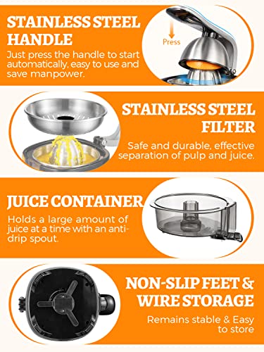 OSTBA Citrus Juicer Electric, Orange Juicer with Two Cones, Lemon Lime Grapefruit Orange Juice Squeezer, Anti-drip Spout, Stainless Steel Handle, Easy to Clean and Use
