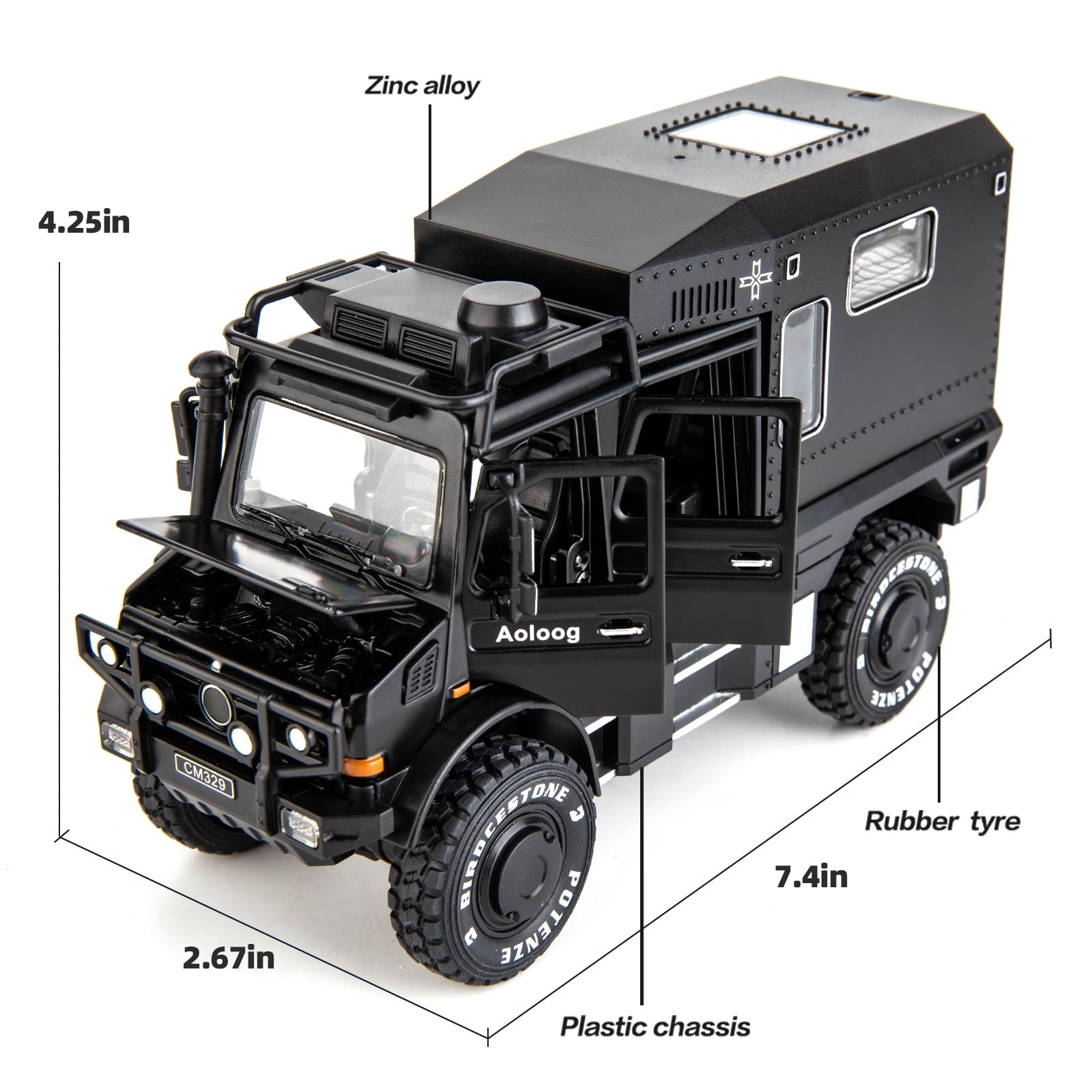 BDTCTK 1:28 Unimog Camper Model Car, Diecast Pull Back RV Toy Car with Light and Sound for Kids Boy Girl and Adult, Doors Open, Gift Black