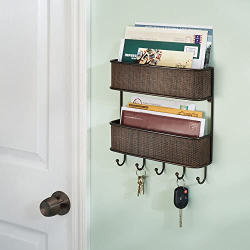 mDesign Wall Mount Metal Woven Mail Organizer Storage Basket - 2 Tiers, 6 Hooks - for Entryway, Mudroom, Hallway, Kitchen, Office - Holds Letters, Magazines, Coats, Leashes, Keys - Bronze