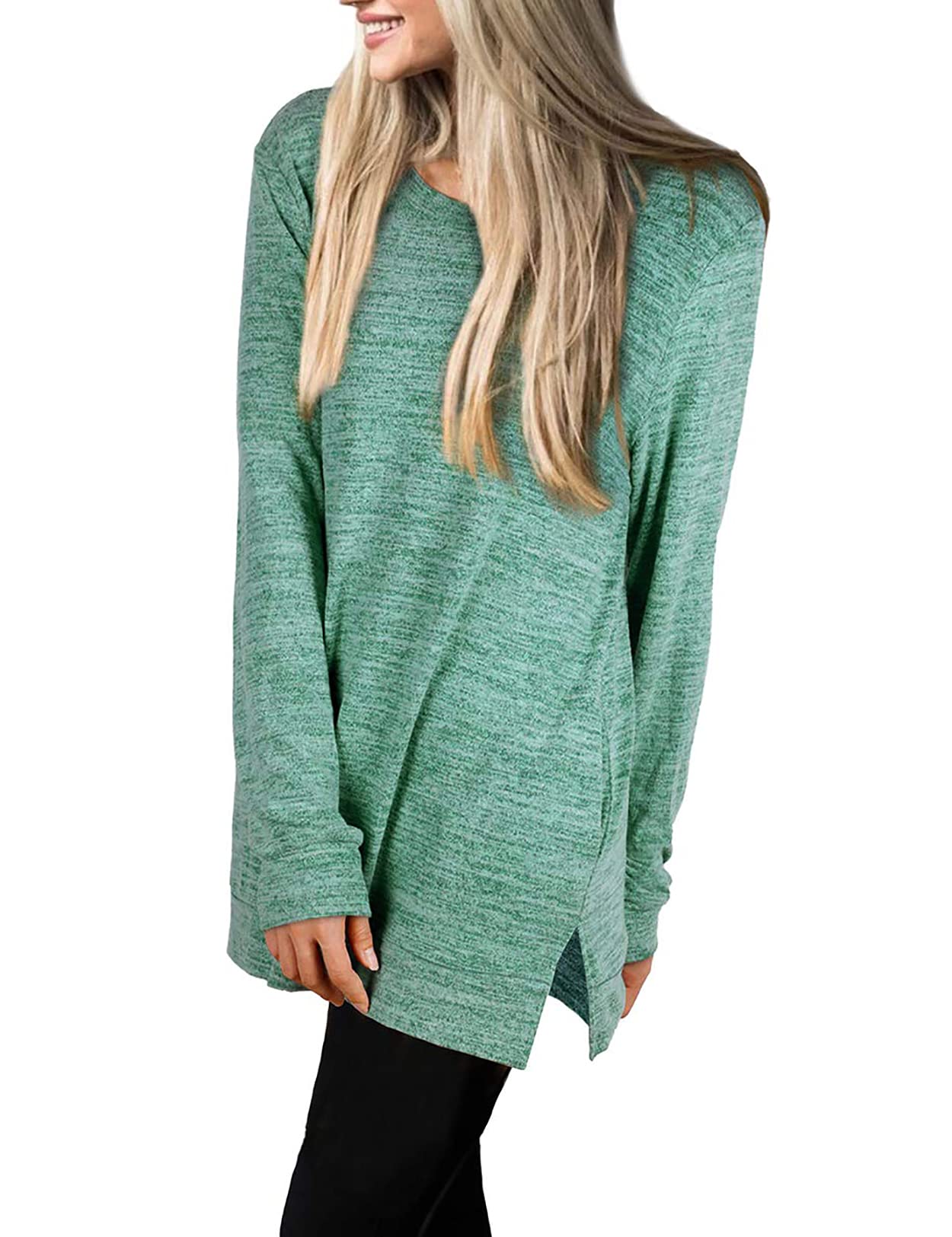 Bolomi Womens Casual Sweatshirts Long Sleeve Pullover Shirts Round Neck Oversized Tunic Tops with Pockets Lake Green Small