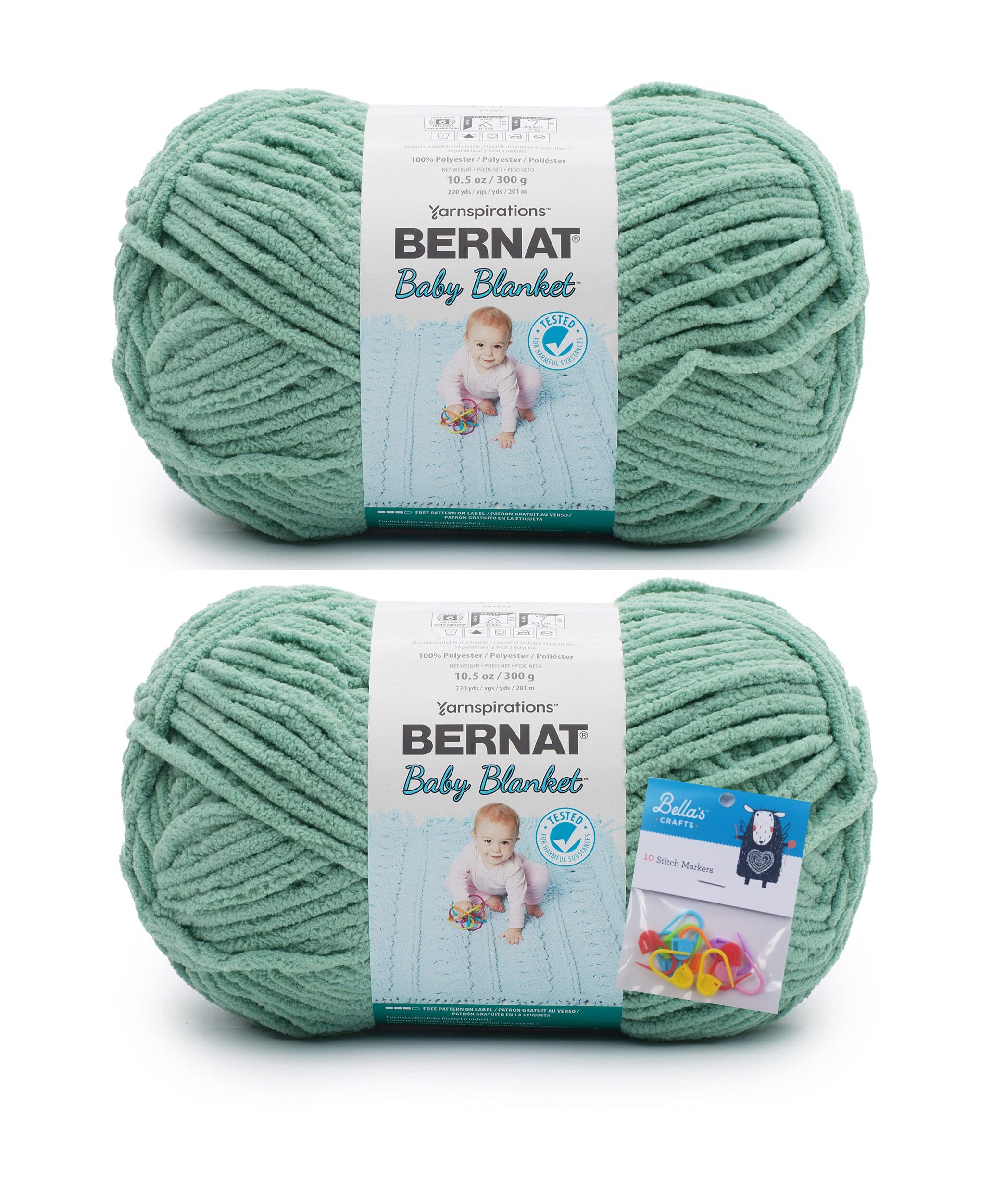 Bernat Baby Blanket Yarn - Big Ball (10.5 Oz) - Misty Jungle Green - 2-Pack Bundle with Bella's Crafts Stitch Markers