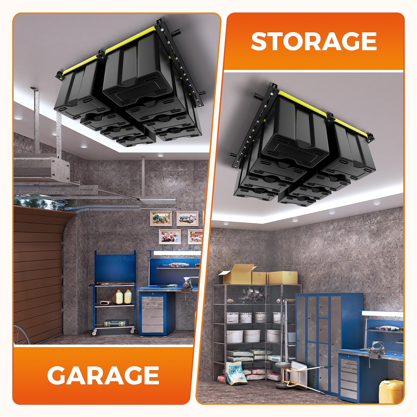 BEAMNOVA Overhead Garage Storage Rack,Ceiling Bin Rails Storage Heavy Duty Metal Garage Ceiling Storage Racks,Overhead Tote Storage Rail System,Overhead Bin Storage (Black) 48" x 48"