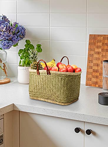 Serene Spaces Living Small Handmade Straw Tote Paired with Leather Handles, Raffia Lined Handbag, Straw Beach Bag, Summer Tote for Everyday Use, Grocery Shopping, 19.5" Long, 8.5" Wide & 10.5" Tall