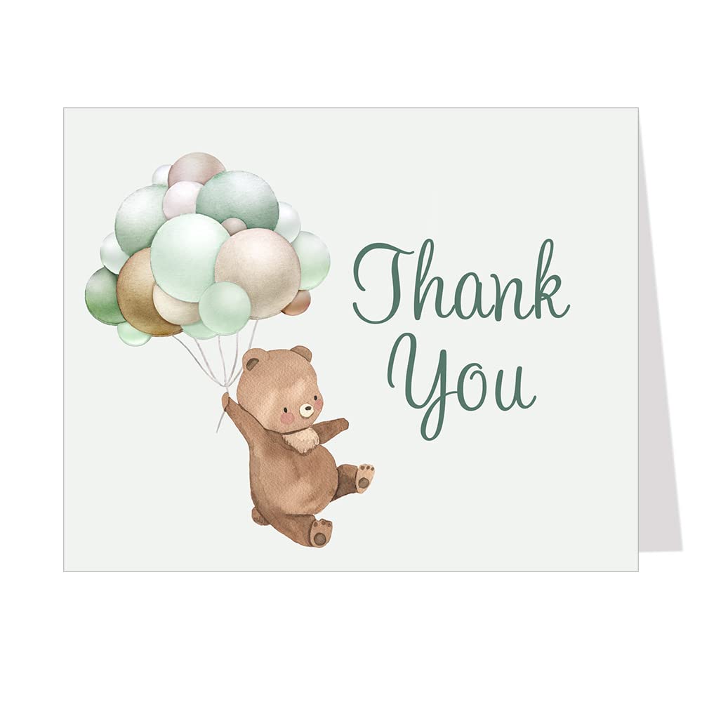 Bear Baby Shower Thank You Cards Watercolor Bearly Wait Teddy Bear Green Olive Sage Brown Balloons Unisex Gender Neutral Printed Cards (24 Count)