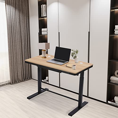 FARRAY Electric Standing Desk with Drawer, 45 x 24 Inch Adjustable Height Desk with Power Strip & USB Ports, One-Piece Top Stand Up Desk, Modern Sit Stand Desk (Oak Top + Black Frame)