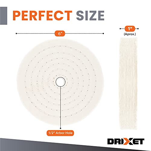 Buffing Wheels for Bench Grinder - 6 Inch Extra Thick Buffing Wheel Fine Cotton Sewn Rigid Treated Spiral with a 1/2” Center Arbor Hole - 80 Ply Polishing Wheel for Bench Grinder – by Drixet