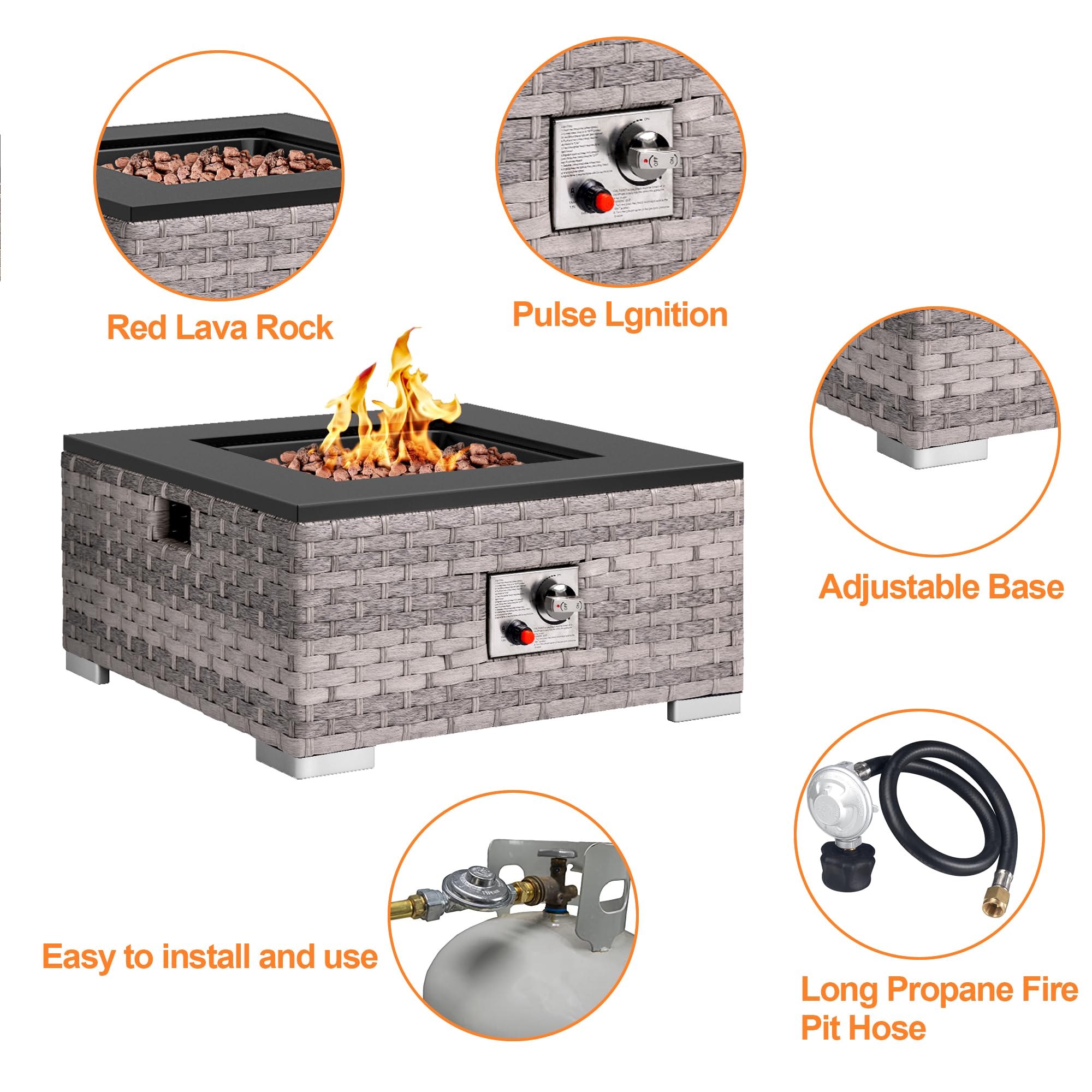 AUSROMASHO 24'' Outdoor Fire Table 50,000 BTU Fire Table with Brown Wicker Rattan Gas Firepit Table 2 in 1 Fireplace for Outdoor, Patio Backyard W/Lid and Lava Stone (Grey)