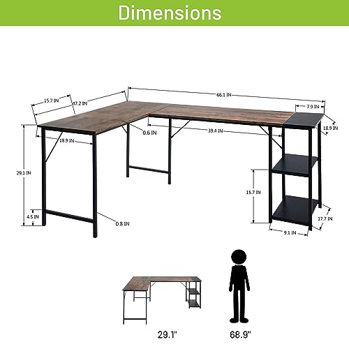 FurnitureR L-Shaped Home Office Computer Desk 66 inches Large Study Writing Student Laptop PC Gaming Corner Table with Shelves for Apartment Dormity Small Spaces, Brown
