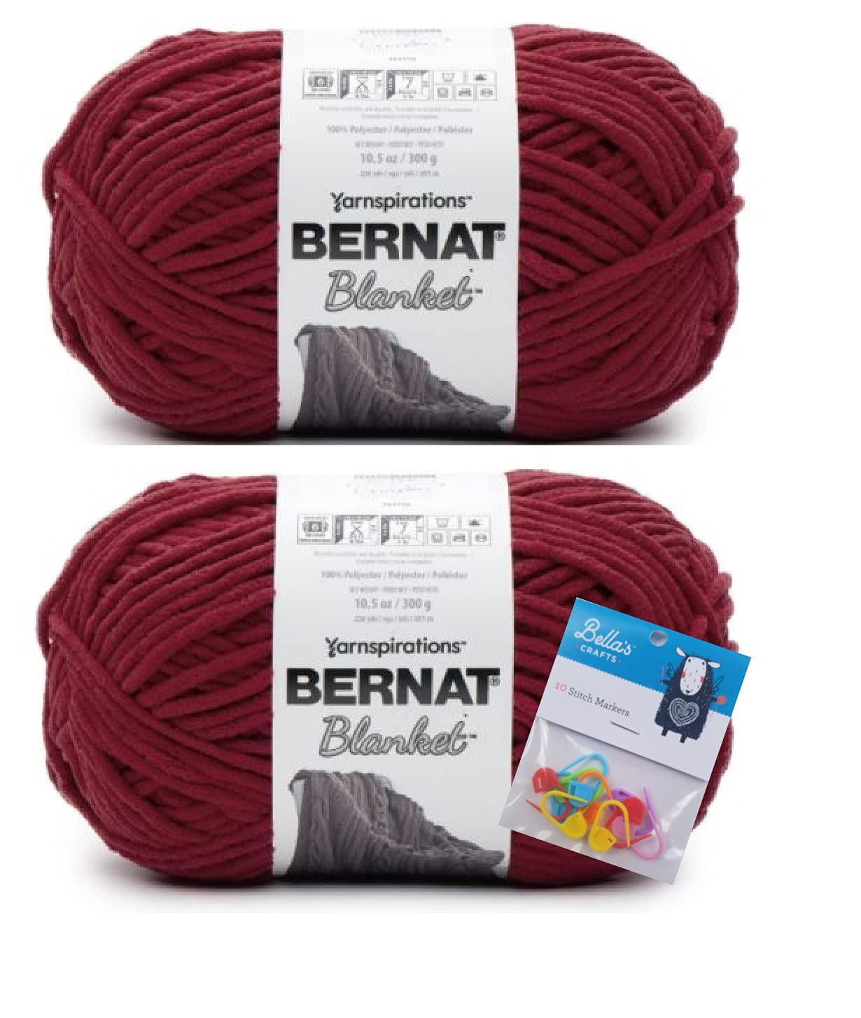 Bernat Blanket Yarn - Big Ball (10.5 oz) - Crimson - 2 Pack Bundle with Bella's Crafts Stitch Markers