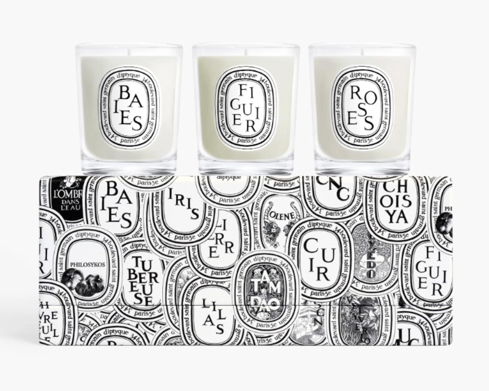 DIPTYQUE Baies Roses & Figuier Scented Candle 3 Piece Set 70 Grams Each Gift Boxed, White