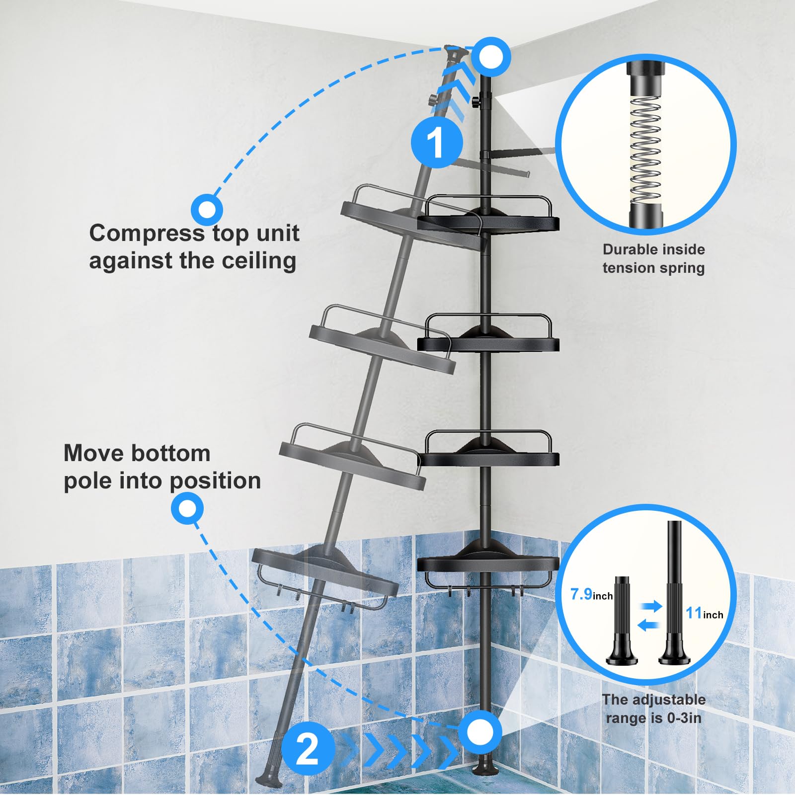 Corner Shower Caddy Tension Pole: Adjustable Stainless Steel Shower Organizer with 4 Tier Shelf for Bathroom Bathtub Tub Shampoo -Floor Standing Rack Bath Storage Holder with Rust Proof Rods - Black