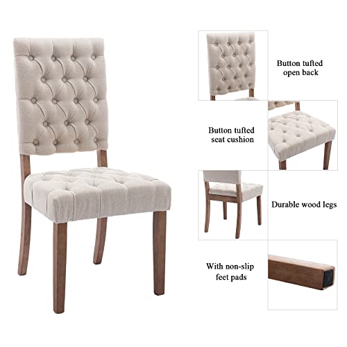 DUOMAY Tufted Dining Chairs Set of 2, Modern Linen Upholstered Dining Room Chairs Armless Guest Side Chair with Open Back for Kitchen Dining Room Restaurant, Wood Legs, Beige