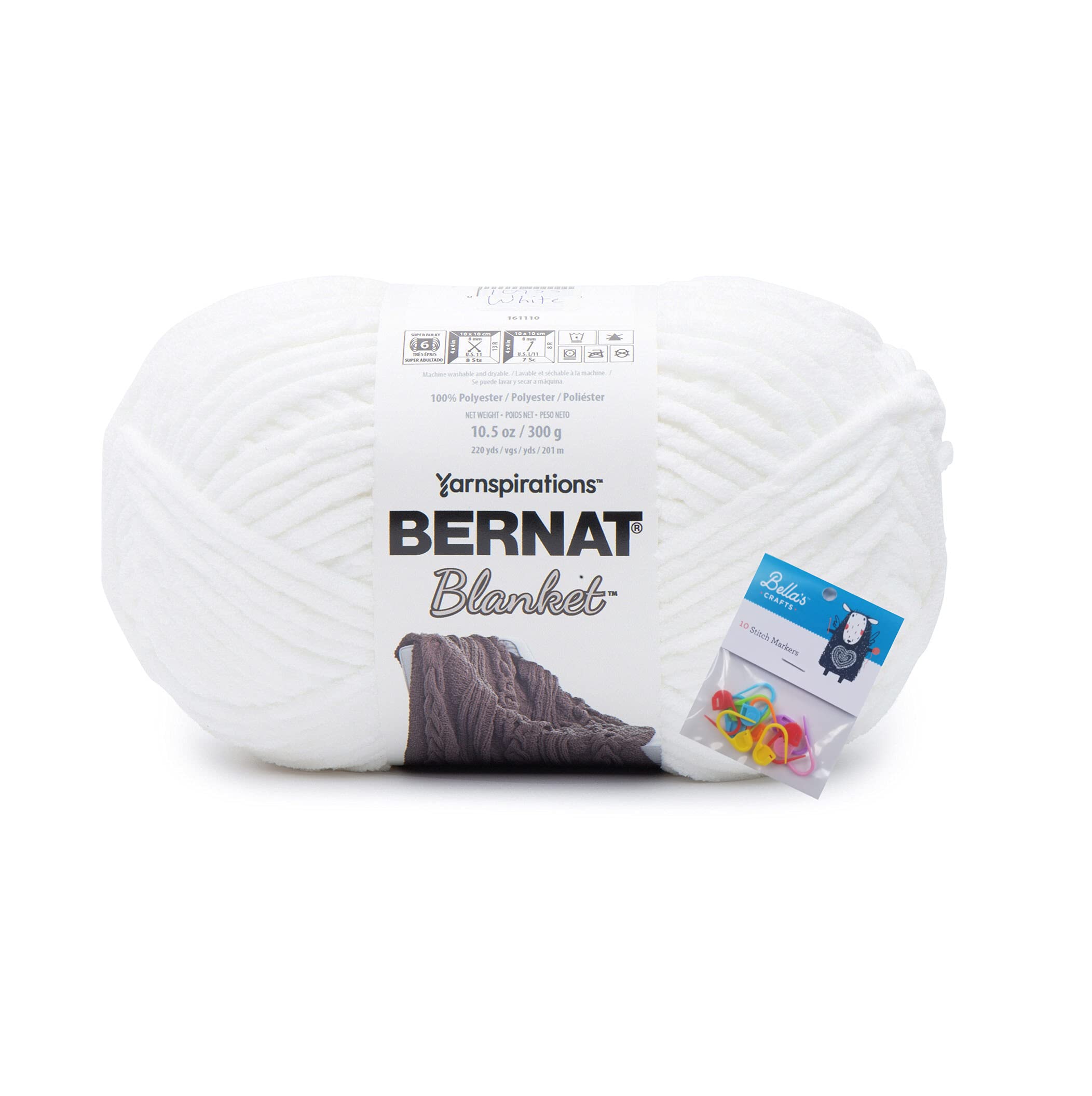 Bernat Blanket Yarn - Big Ball (10.5 oz) - White - Bundle with Bella's Crafts Stitch Markers