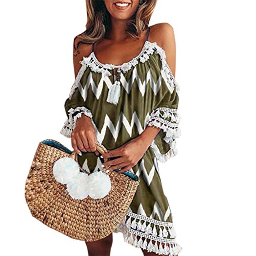 KYLEON Dress for Women Summer Casual Bohemian Off Shoulder Beach Dresses Tassel Swing Mini Short Sundress