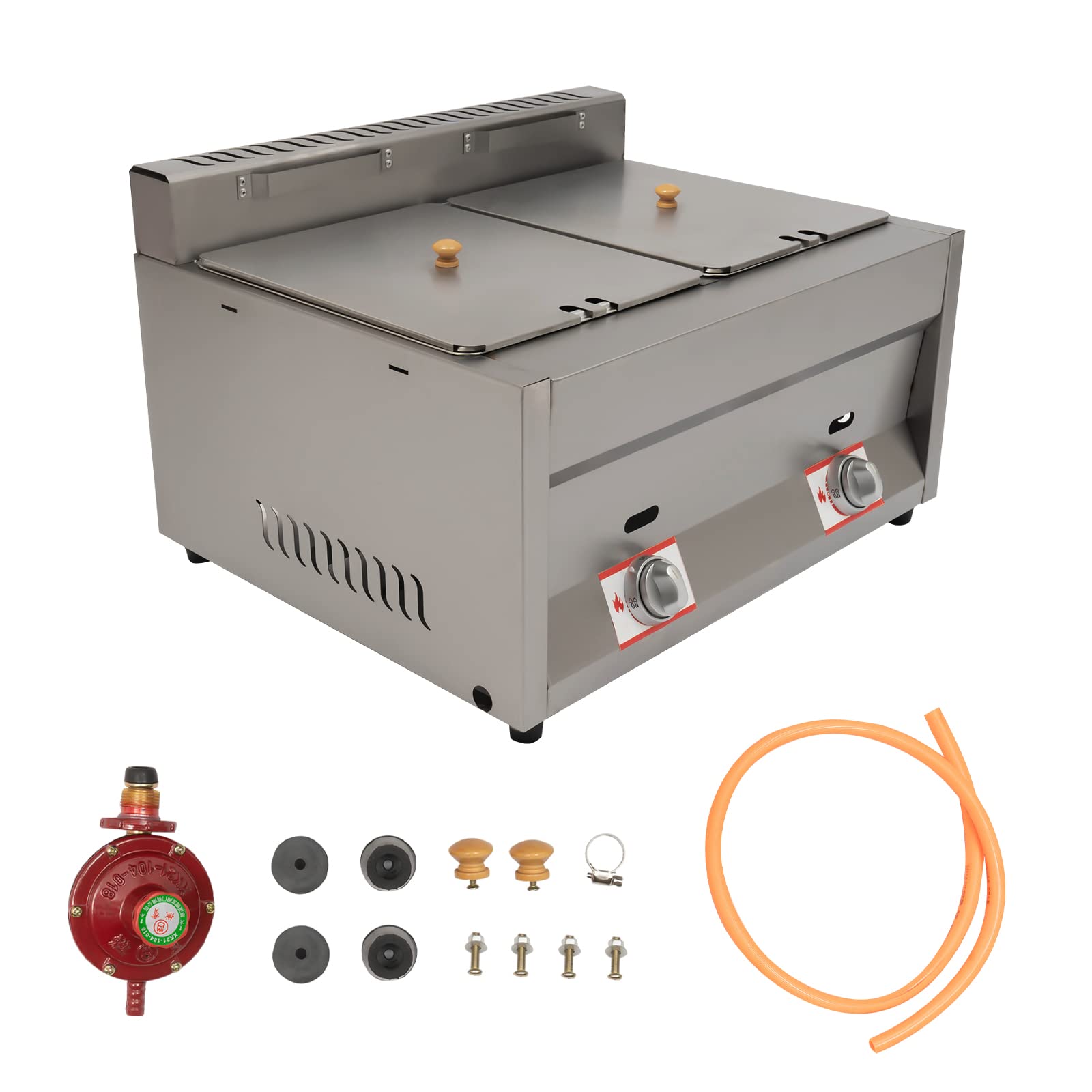 Propane LPG Gas Deep Fryer 2 Burners Commercial Countertop Deep Gas Fryer Natural Gas Food Warmer Stainless Steel 6L Ă2 for French Fries Restaurant Home Kitchen, without Baskets (US Stock)