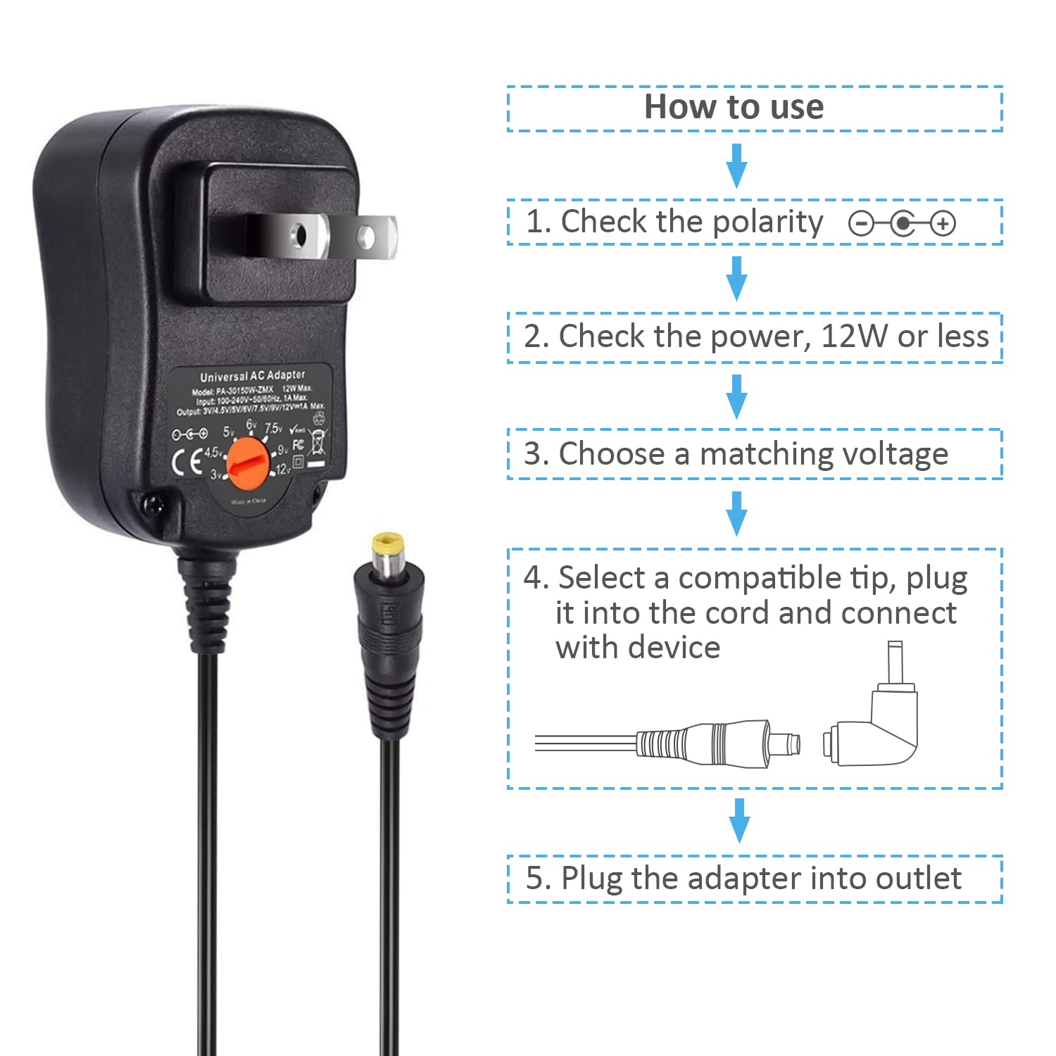 ZOZO 12W 12 Volt 1 Amp 3V 4.5V 5V 6V 7.5V 9V 12V Power Supply, Universal AC Adapter with 5.5mm x 2.1mm Barrel Plug and 8 Selectable Tips Micro USB 3.5mm Jack for MP3 MP4 Player Headphone Speaker Watch