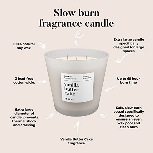Hidden Label Large Scented Candle, Vanilla Butter Cake, 30oz 3 Wick Huge Candle, Serene Collection Slow Burn Natural Soy Candles for Home Scented