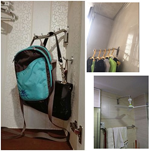 Sumnacon Wall Mounted Clothes Hanger Rack, Stainless Steel Garment Hooks with Swing Arm Holder, Space Saver Coat Robe Storage Organizer for Laundry Room Bedrooms, Clothing Drying Rack with 5 Hooks
