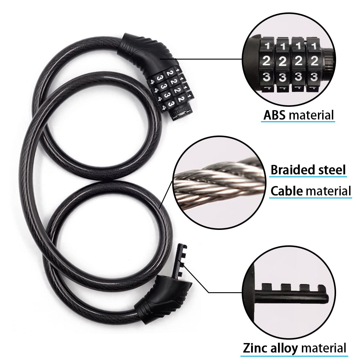 Bike Lock Cable, 4 Digit 3 Feet Long Bike Lock Combination, Resettable Anti Theft Bicycle lock for electric Scooter