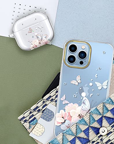 JAHOLAN AirPods 3 Case Clear Butterfly Case Cute Protective Soft Shockproof Cover with Keychain for Women Girls Compatible with AirPods 3rd Generation Wireless Charging Case - Butterfly Flower Pink