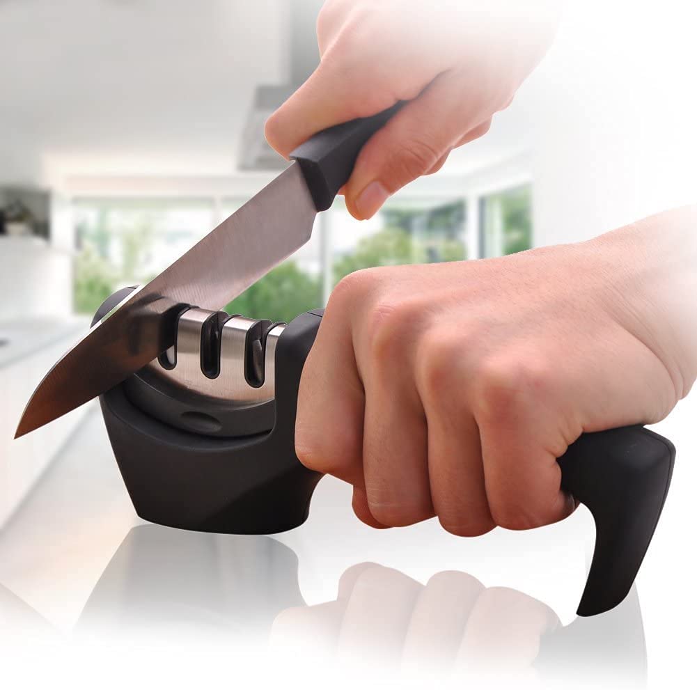Bectim Knife Sharpener Kitchen Knife Sharpening with 3 Stages: Emery, Wolfram Steel, Ceramic Notch for Sharpening Straight Blades from Blunt to Razor Sharp (Black)